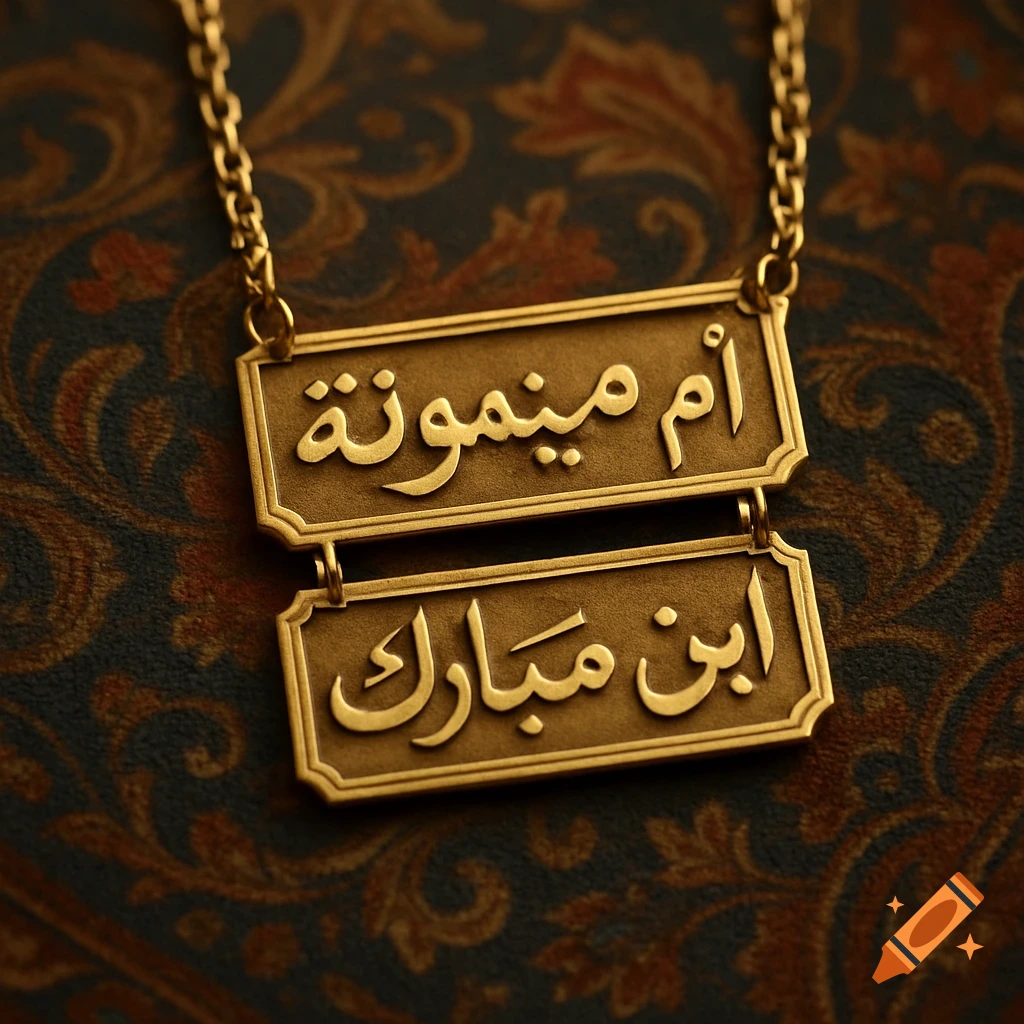 Close-up of a golden necklace with two rectangular pendants featuring ...