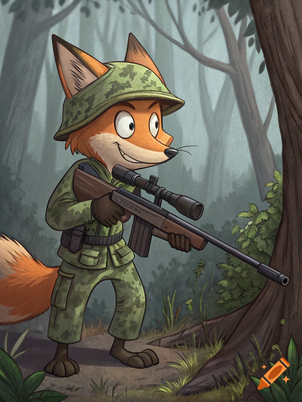 A cartoon fox in military uniform with a sniper rifle in a forest. on Craiyon