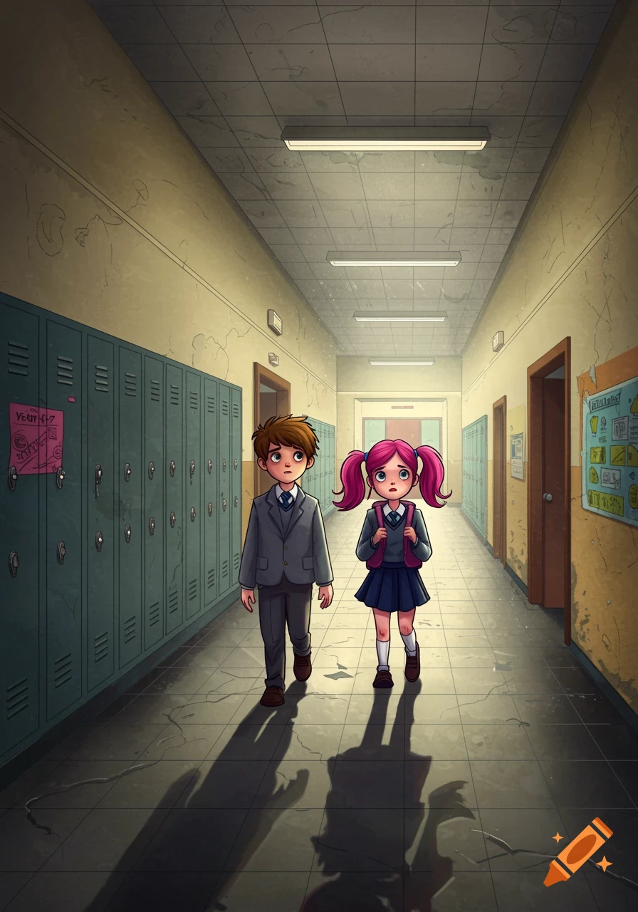 Cartoon illustration of a boy and girl looking lost in a school hallway ...