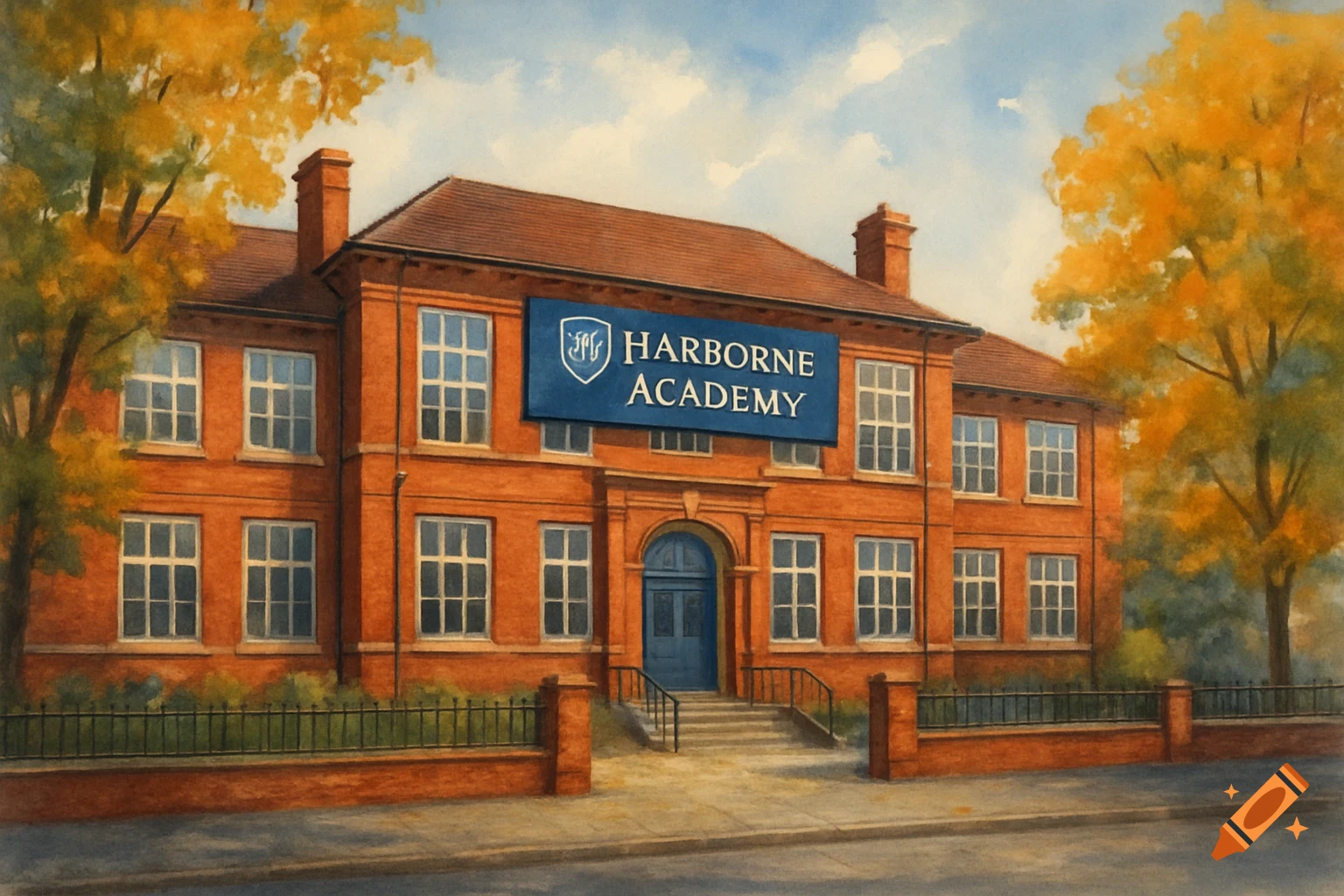 A painting of a red brick school building with a sign reading 'HARBORNE ...