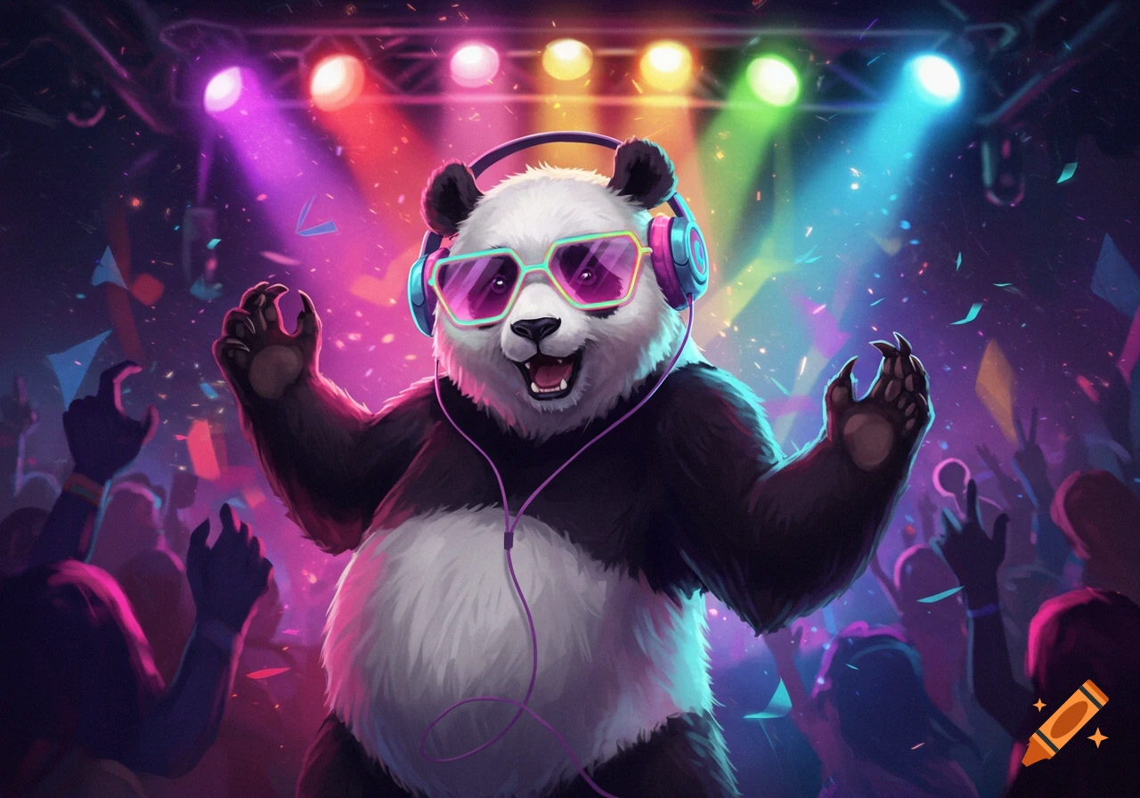 A panda wearing headphones and sunglasses dances at a rave with ...