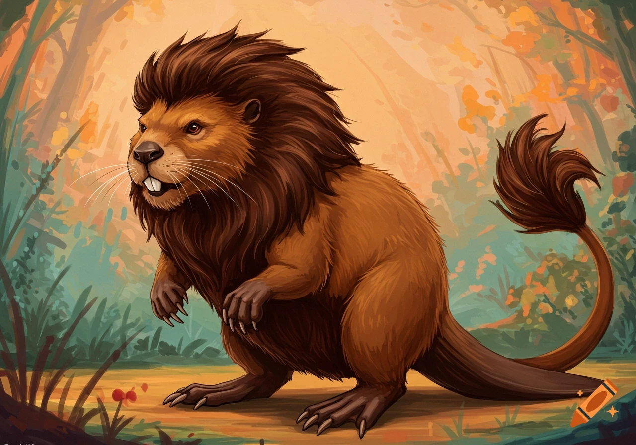 An illustration of a creature combining a beaver and a lion in a forest ...