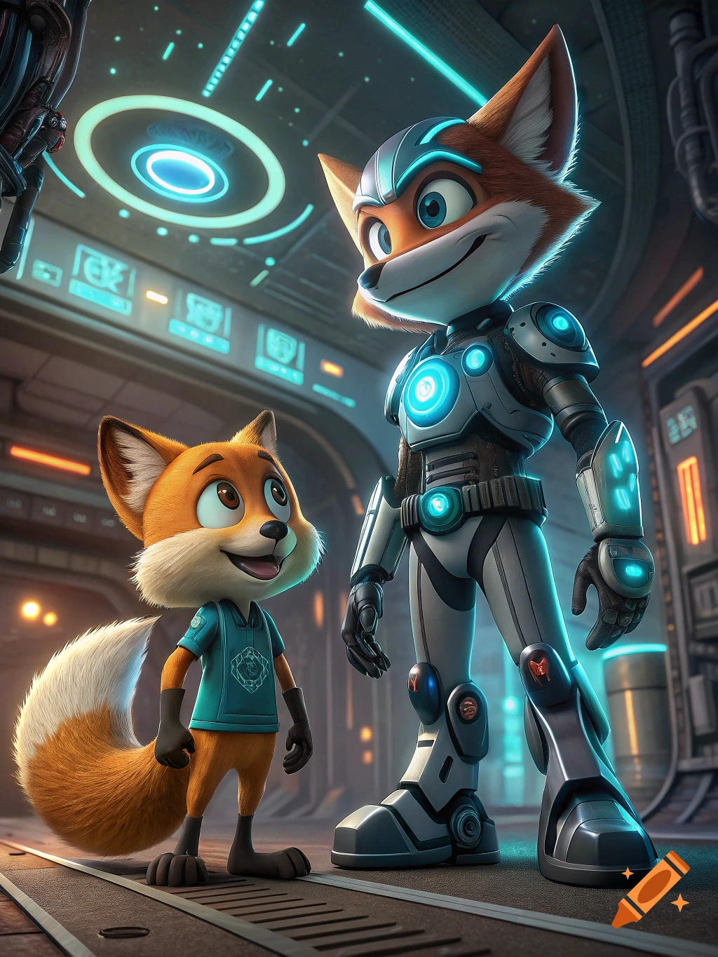 Two cartoon foxes, one in a sci-fi suit, stand in a futuristic interior ...