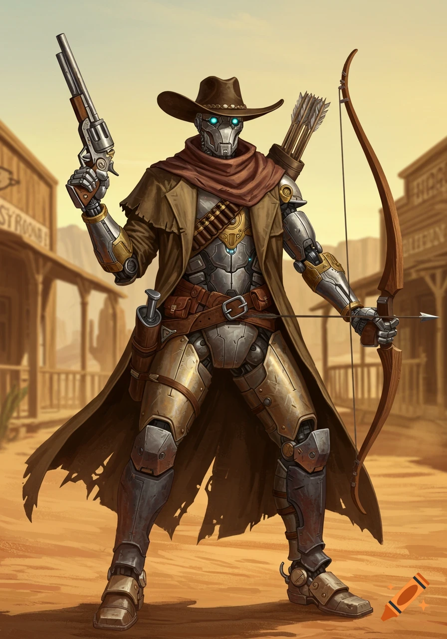 Robot cowboy holding a gun and bow in a western town scene on Craiyon