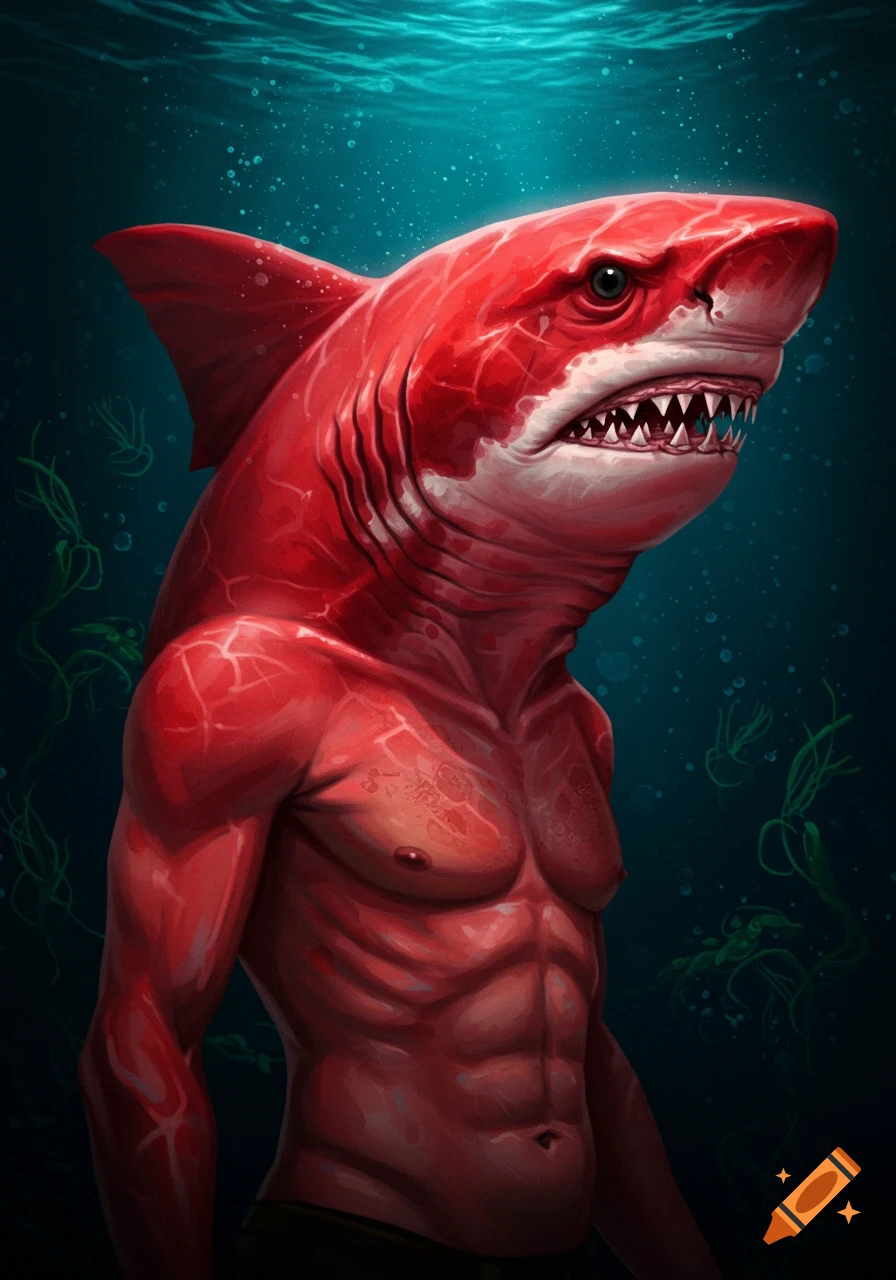 A red shark with a muscular human body stands underwater. on Craiyon