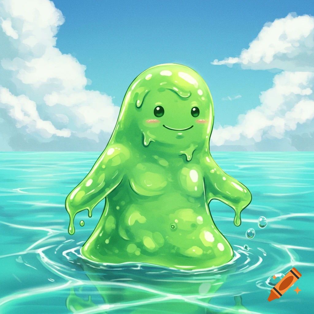 Cute green slime creature stands in water under a blue sky with clouds ...