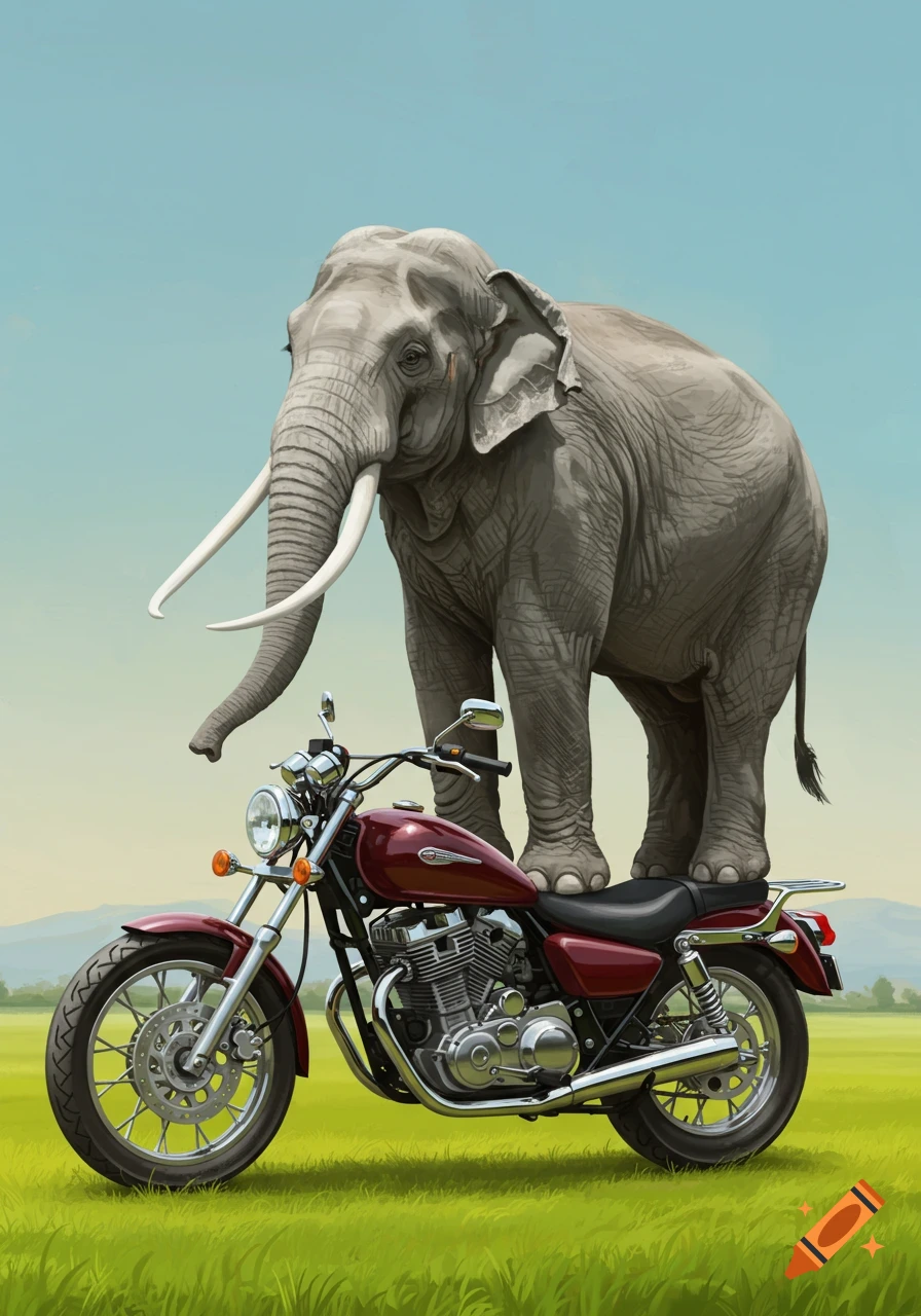 Digital painting of an elephant standing on a red motorcycle in a ...