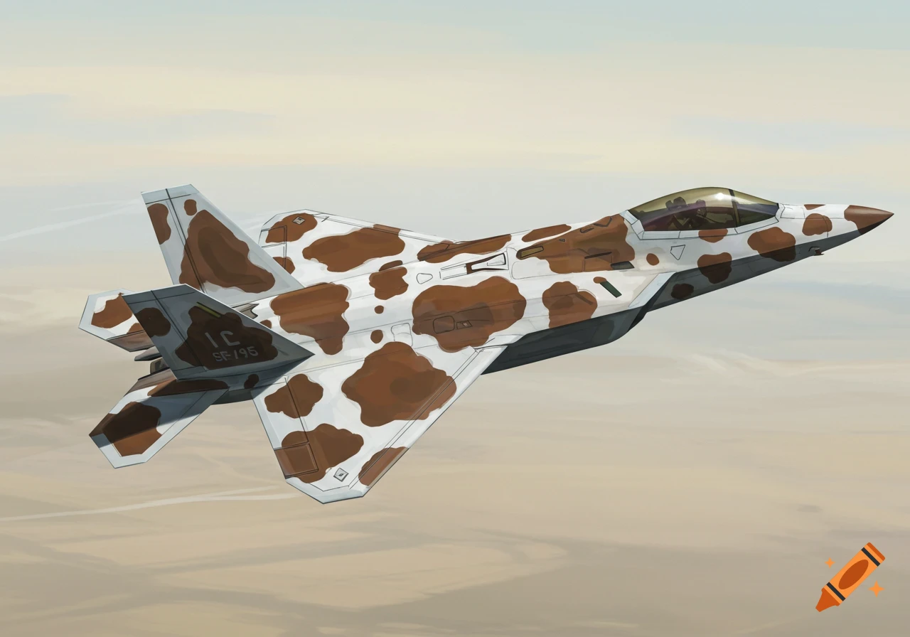 A fighter jet with brown and white cow spots flies through the sky. on ...