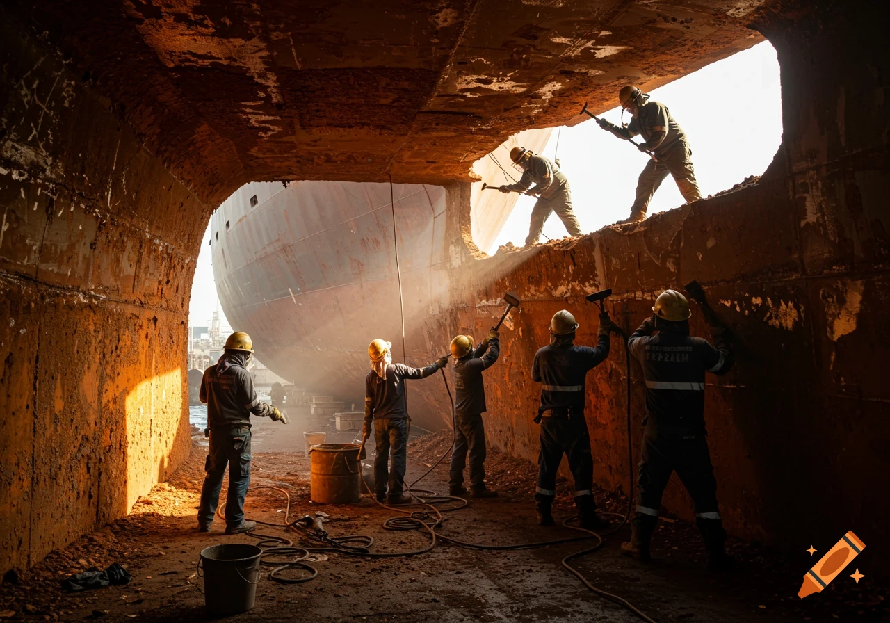 Workers chip rust inside a large ship hull, bathed in sunlight ...