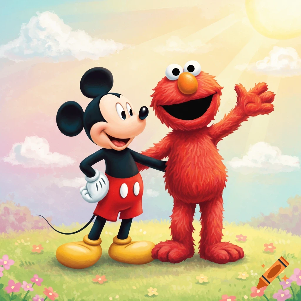 Mickey Mouse and Elmo stand together in a sunny field of grass and ...