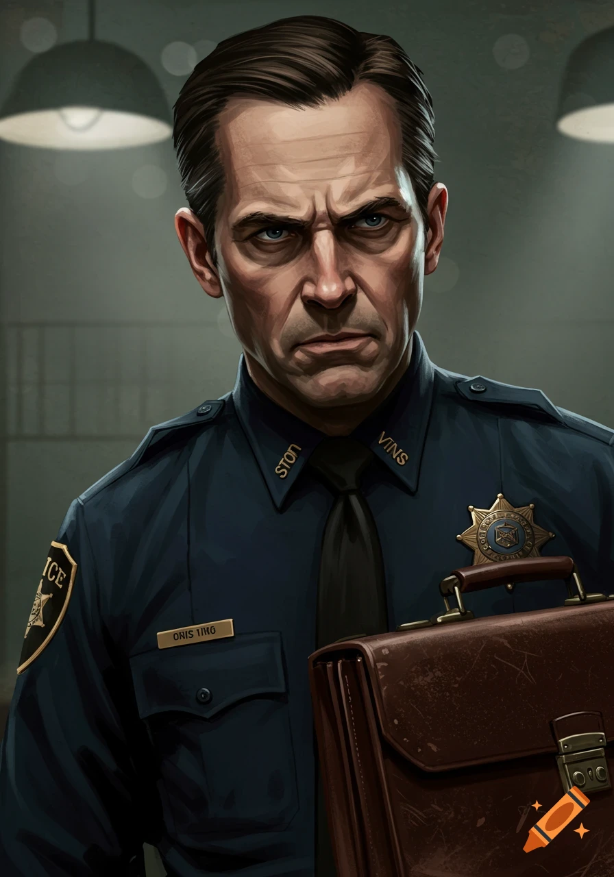 Close-up portrait of an intimidating police detective in uniform ...