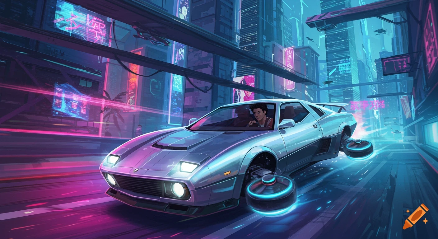 A silver flying car with a driver speeds through a neon-lit cyberpunk ...