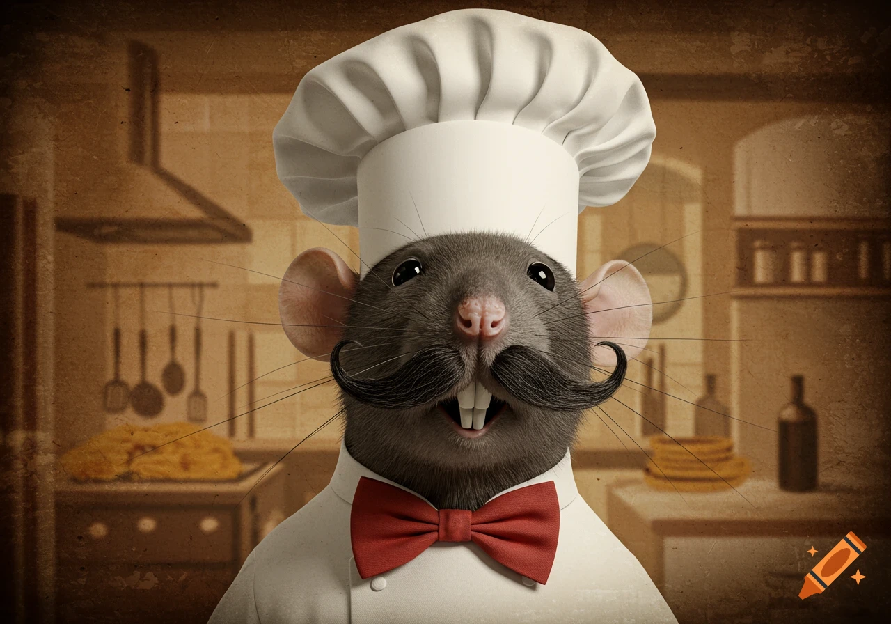 A realistic illustration of a rat in a chef hat, red bow tie, and large ...