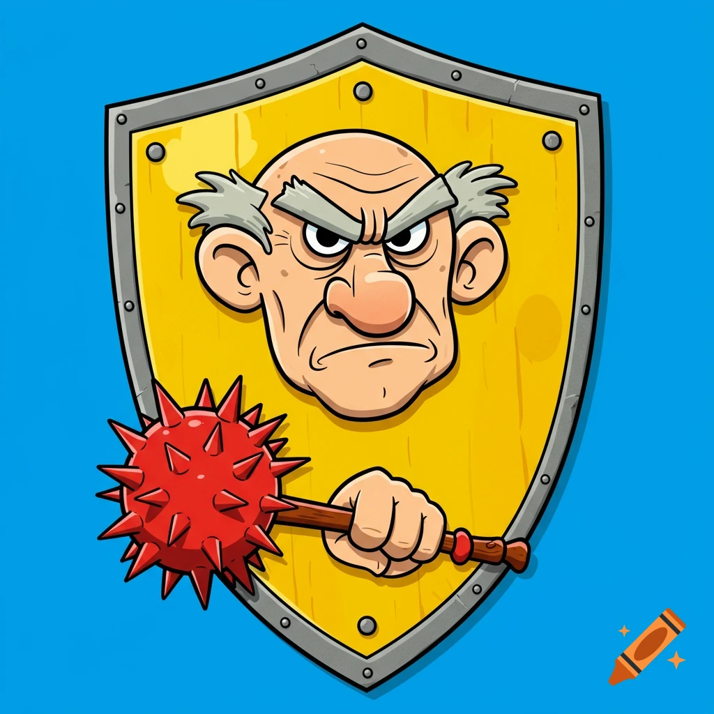 A cartoony shield with a grumpy old man's face holding a red spiky mace ...
