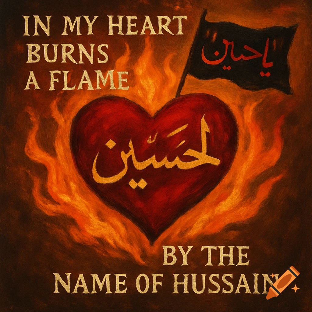 A heart surrounded by flames, with gold Arabic and English calligraphy ...