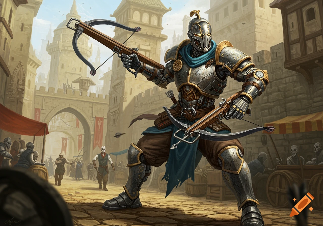 Warforged soldier wielding two crossbows in a medieval city square. on Craiyon