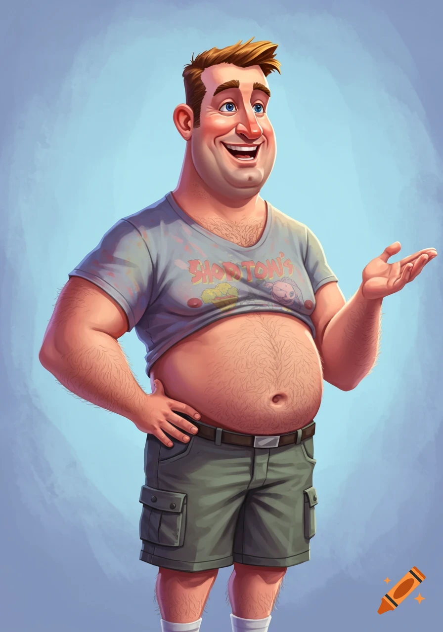 Cartoon illustration of a smiling man with a dad bod in a crop top ...