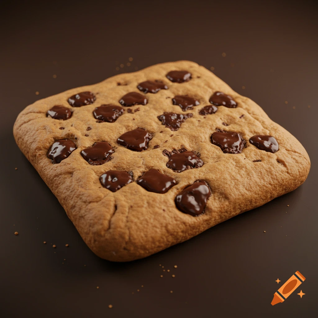 A square chocolate chip cookie sits on a dark brown surface. on Craiyon