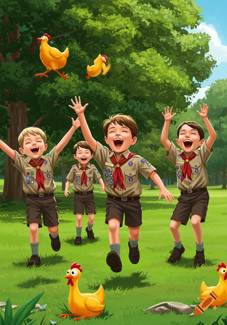 Happy scout boys playing with chickens outdoors. on Craiyon