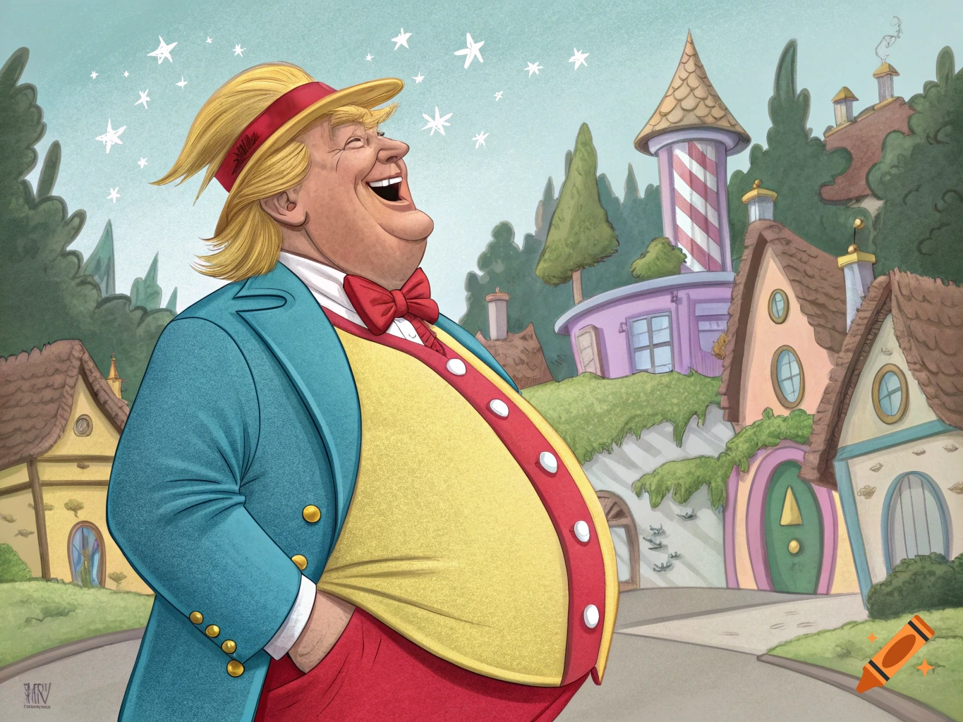 Cartoon illustration of a man resembling Donald Trump dressed as a ...