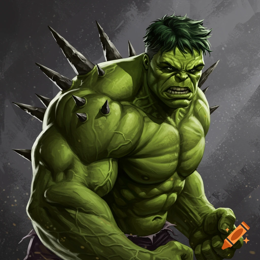 Painting of a muscular green figure with spikes on its back. on Craiyon