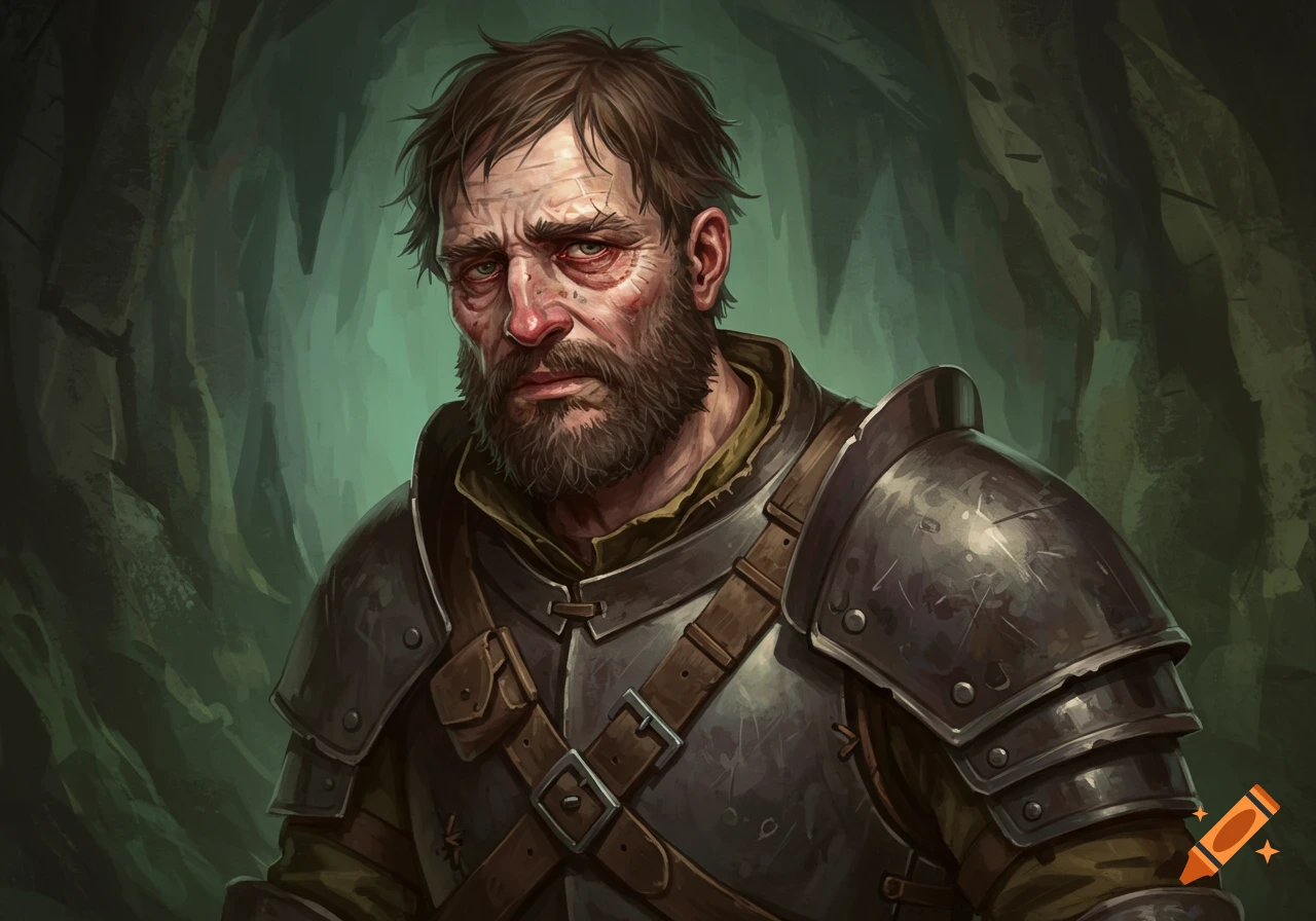A portrait of a tired, middle-aged male adventurer in armor. on Craiyon