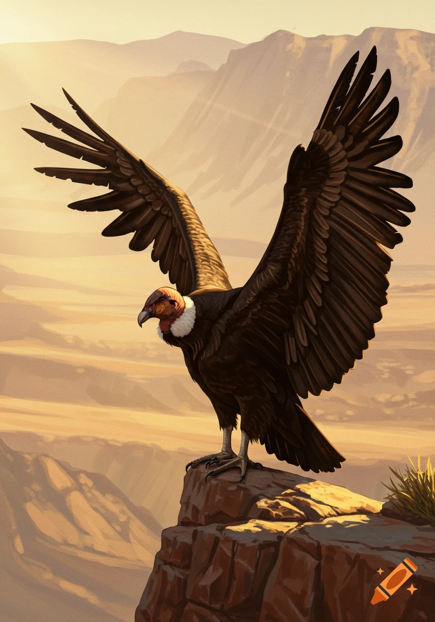 A California condor perched on a cliff with wings spread, overlooking a ...