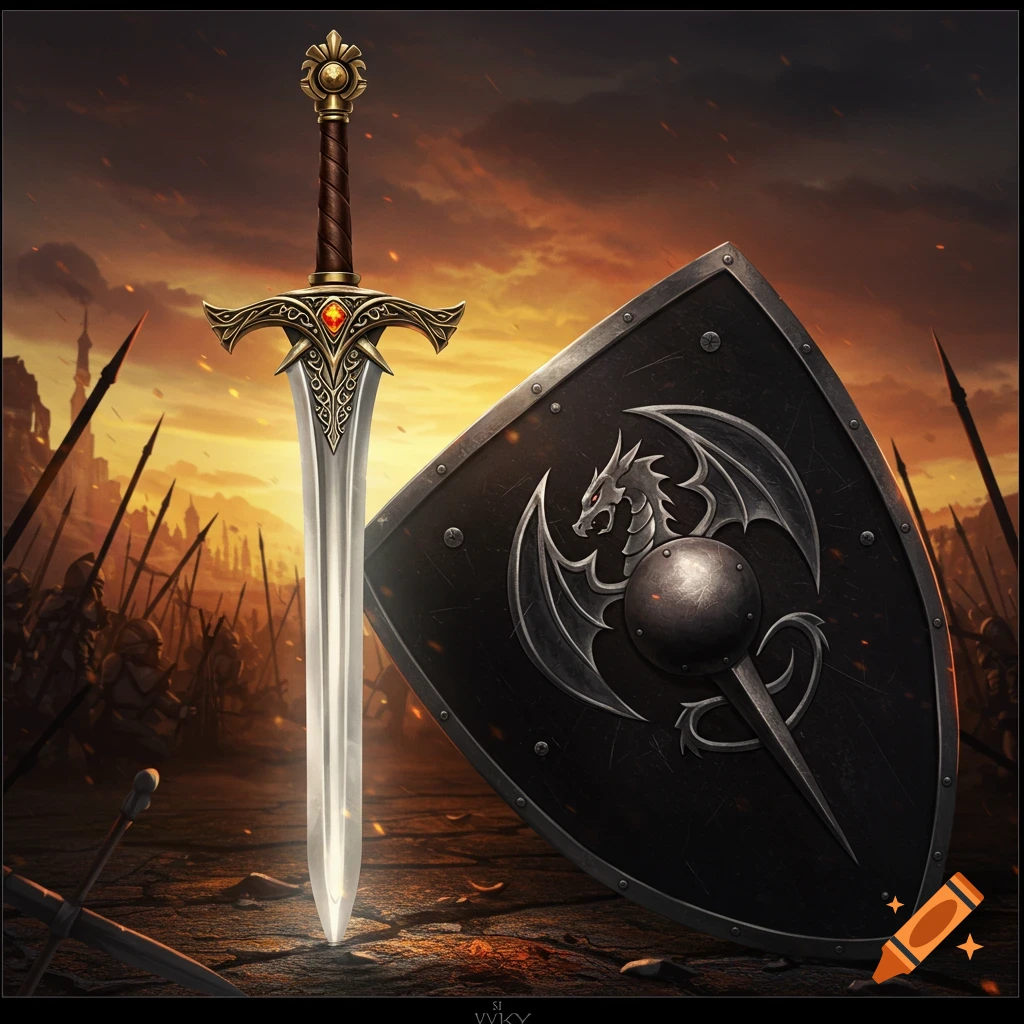 A decorative sword and shield with a dragon emblem stand in a fantasy ...