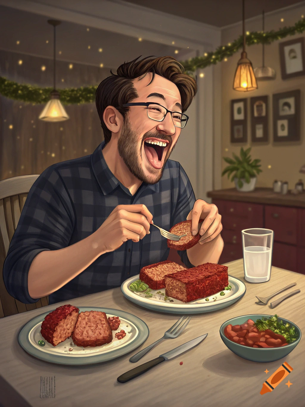 Stylized portrait of Markiplier laughing while eating meatloaf at a ...
