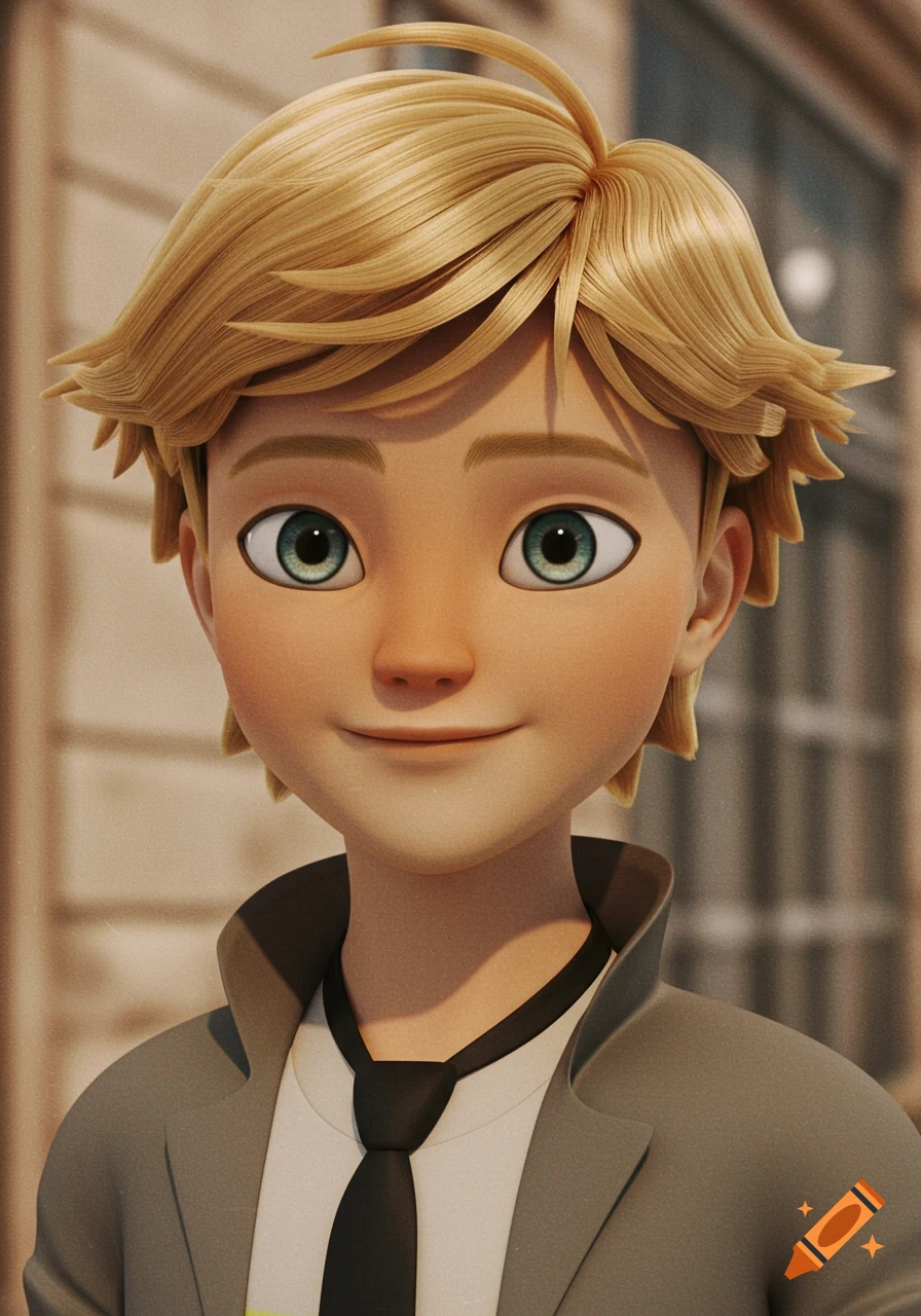 Close-up portrait of Adrien Agreste from Miraculous Ladybug, smiling. 3D animation style. on Craiyon
