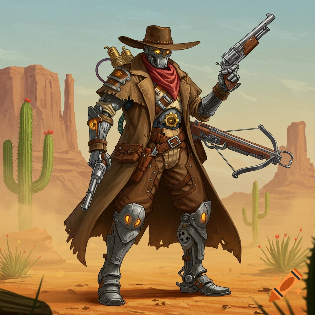 Illustration of a robotic cowboy in a desert holding pistols and a ...