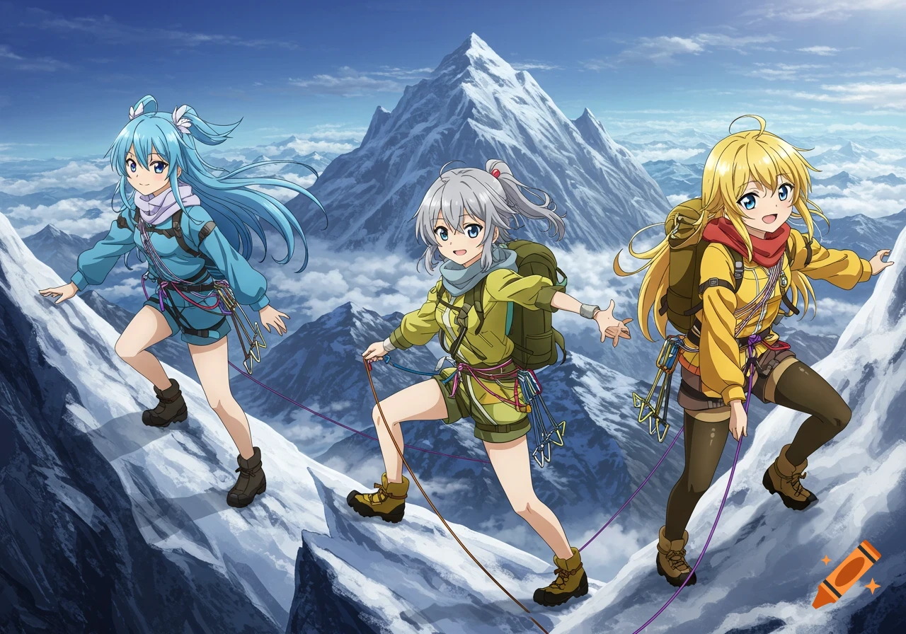 Three anime girls climb a snowy mountain. on Craiyon