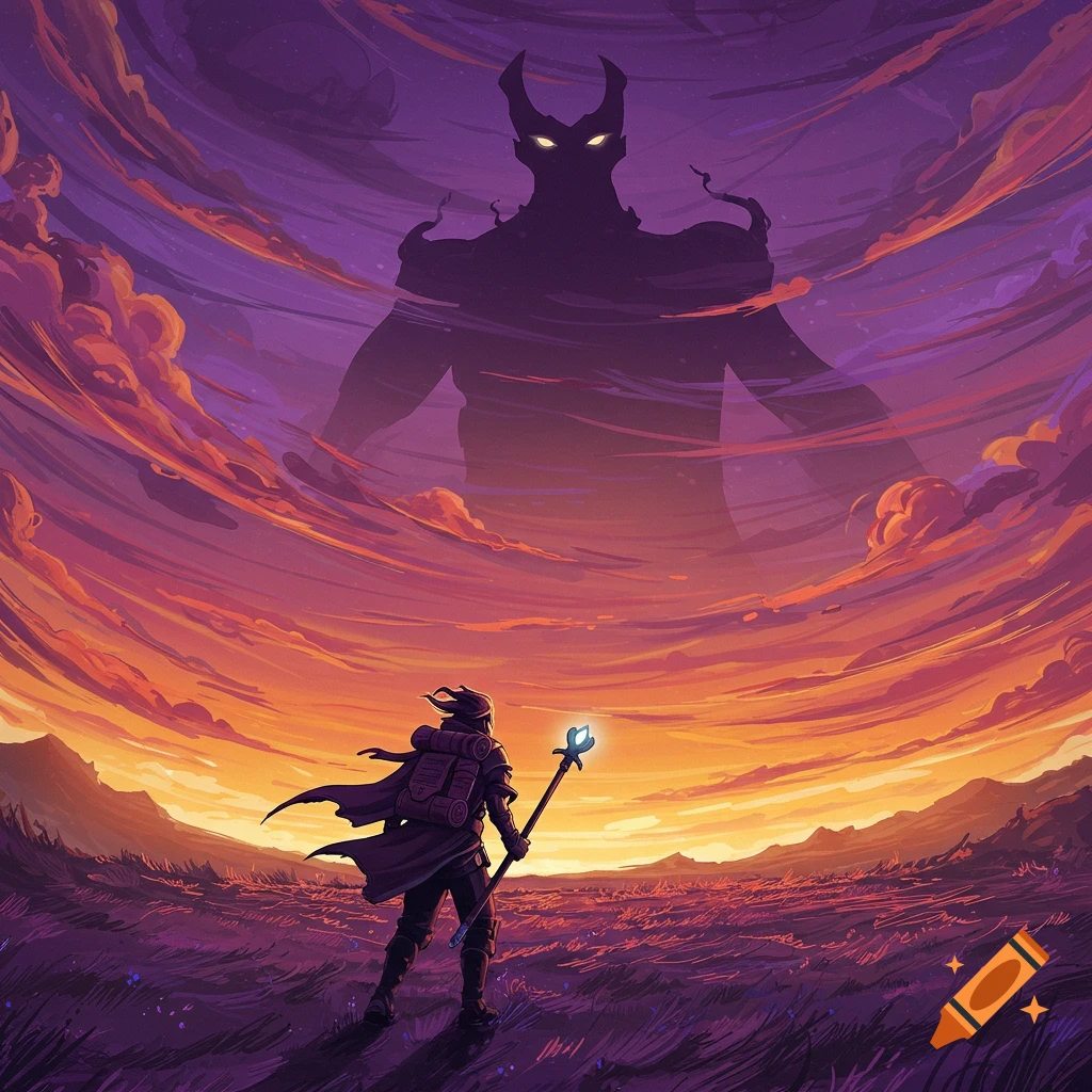 A lone figure faces a giant horned shadow creature in a field under a ...