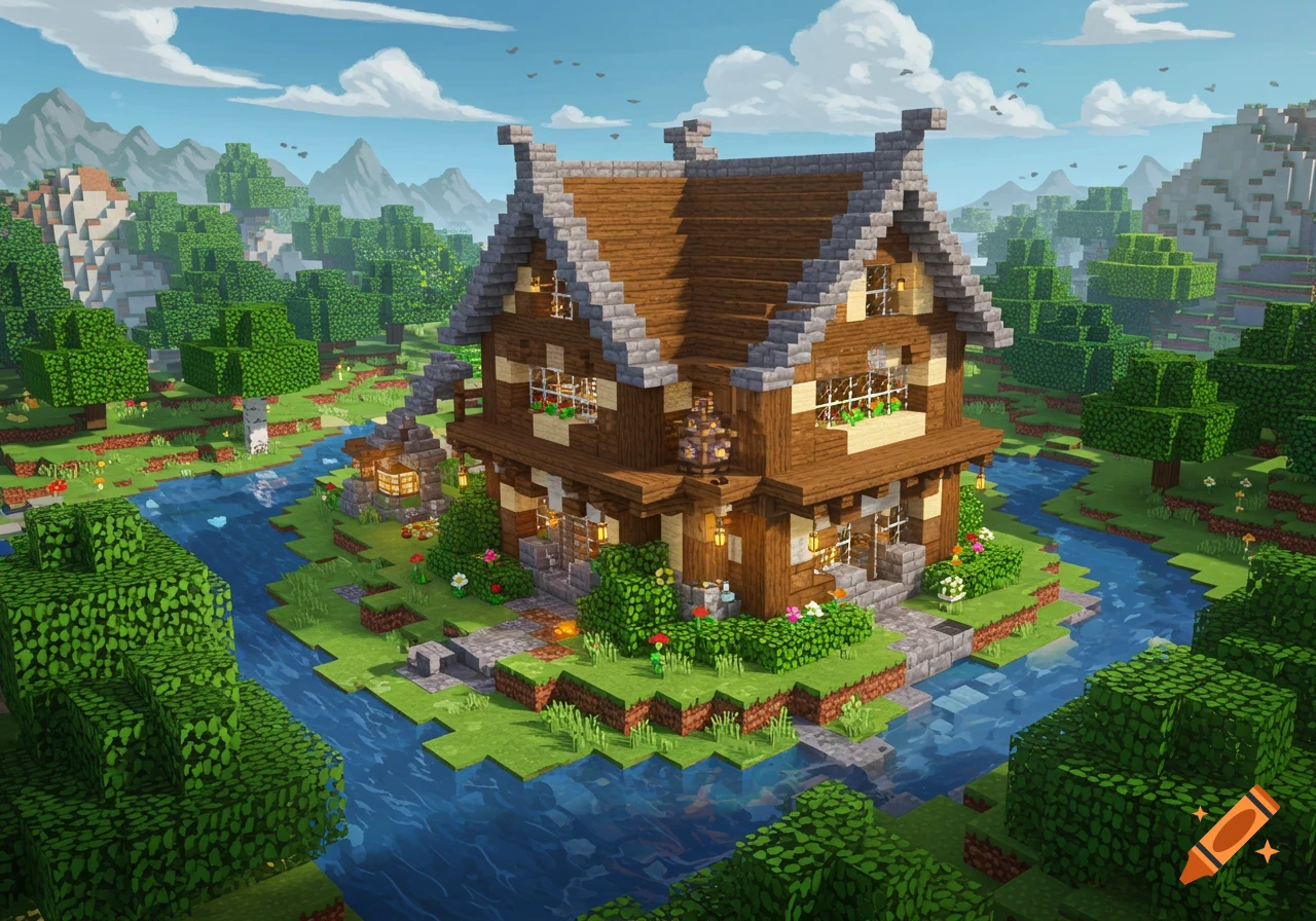 A detailed Minecraft house on an island with a river, trees, and ...