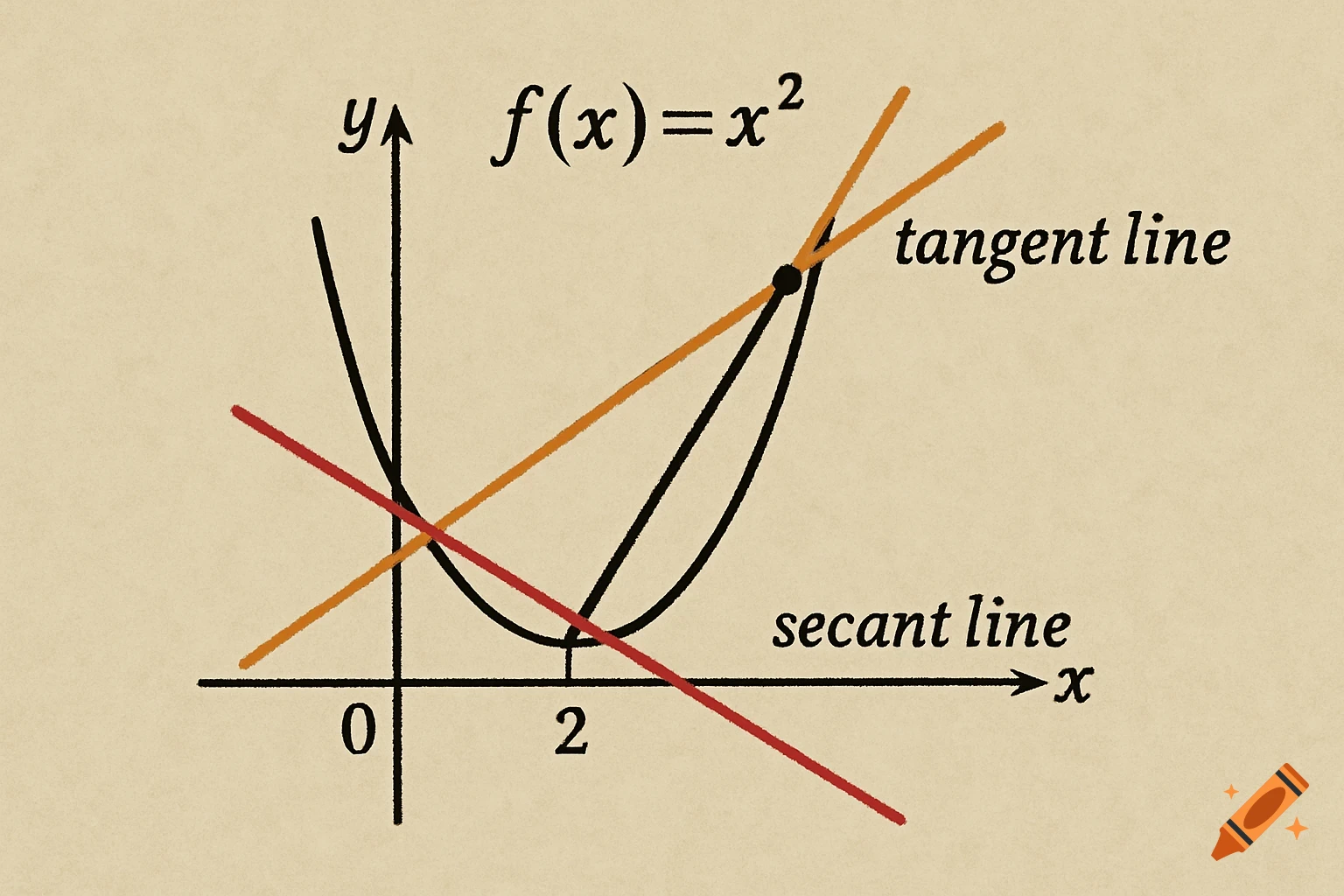 Graph of f(x)=x^2 showing tangent and secant lines. on Craiyon