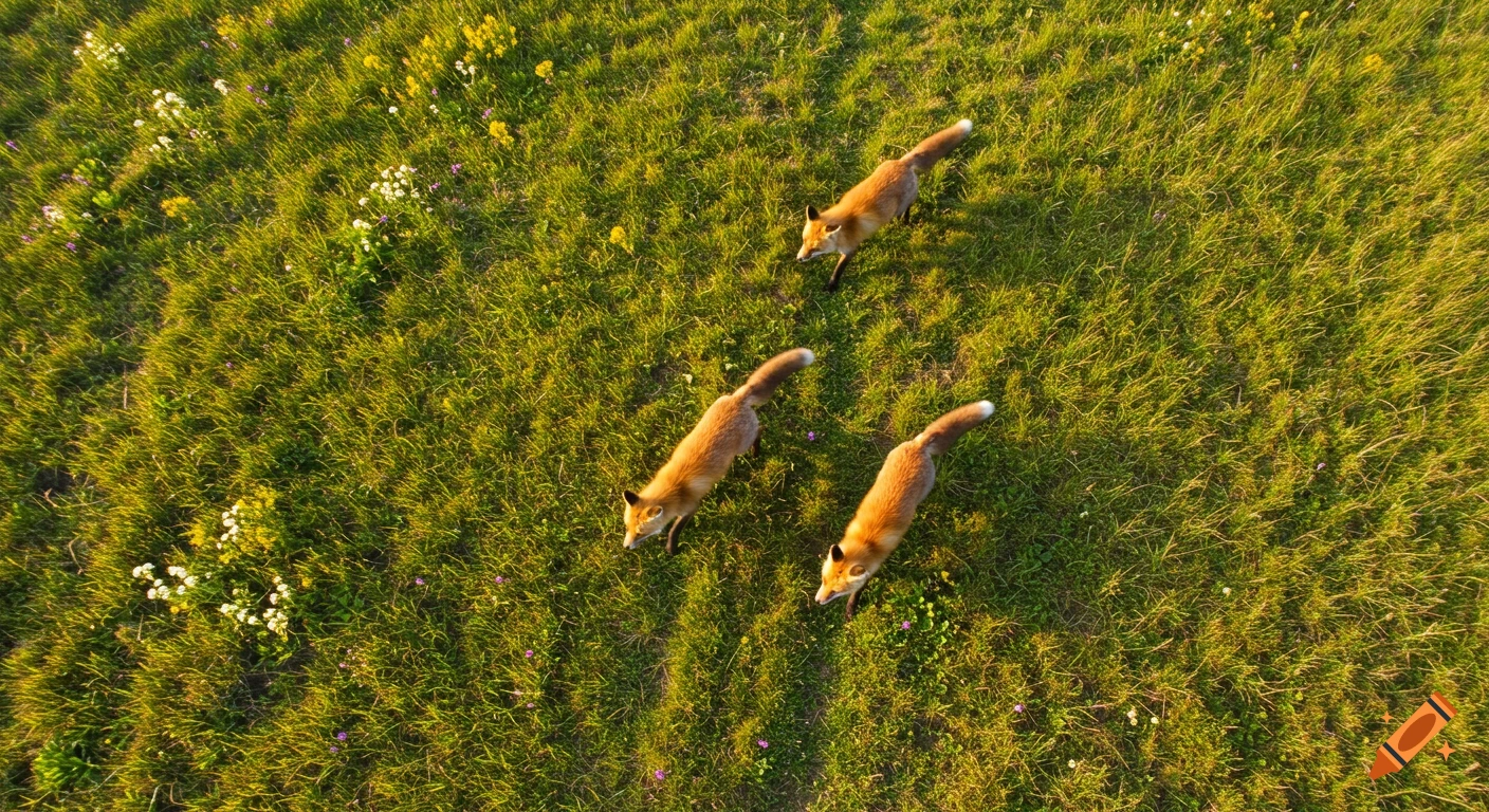 Three red foxes run across a green field from an aerial view. on Craiyon
