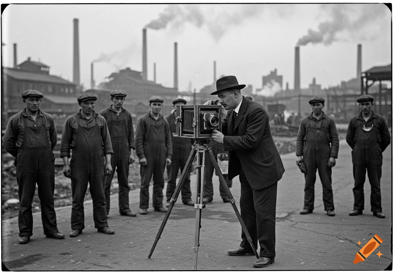 Black and white photo of photographer setting up camera to photograph ...