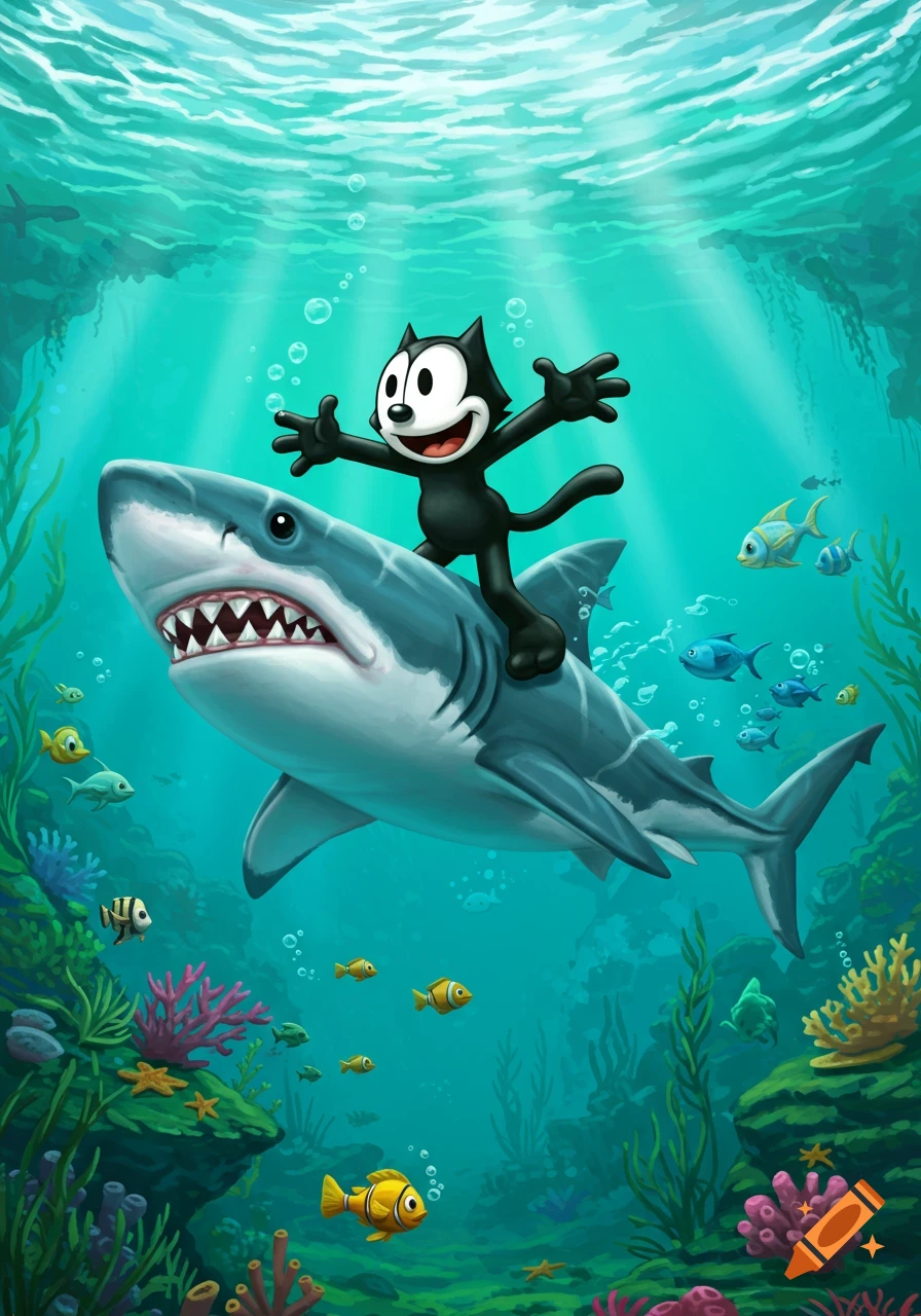 Felix the Cat rides a shark underwater surrounded by colorful fish and ...