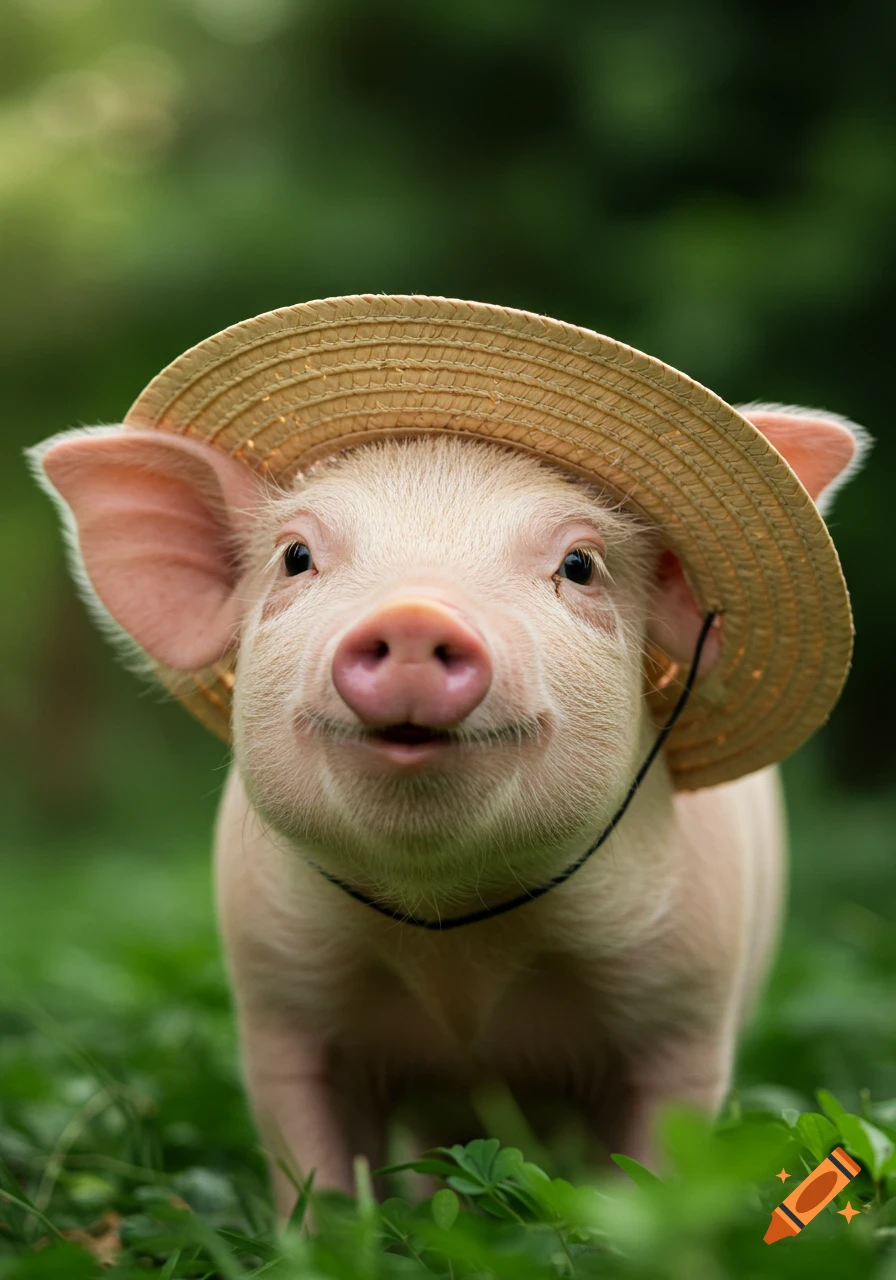 Close-up of a cute pig wearing a straw hat in a field. on Craiyon