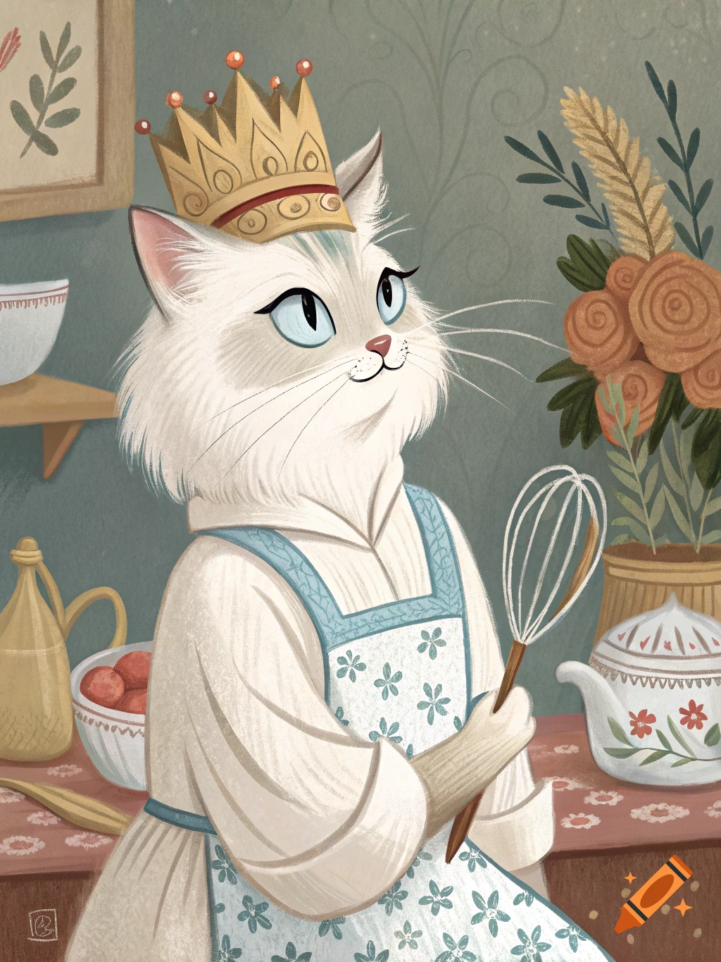 Illustration of a cat wearing a crown and apron, holding a whisk in a ...