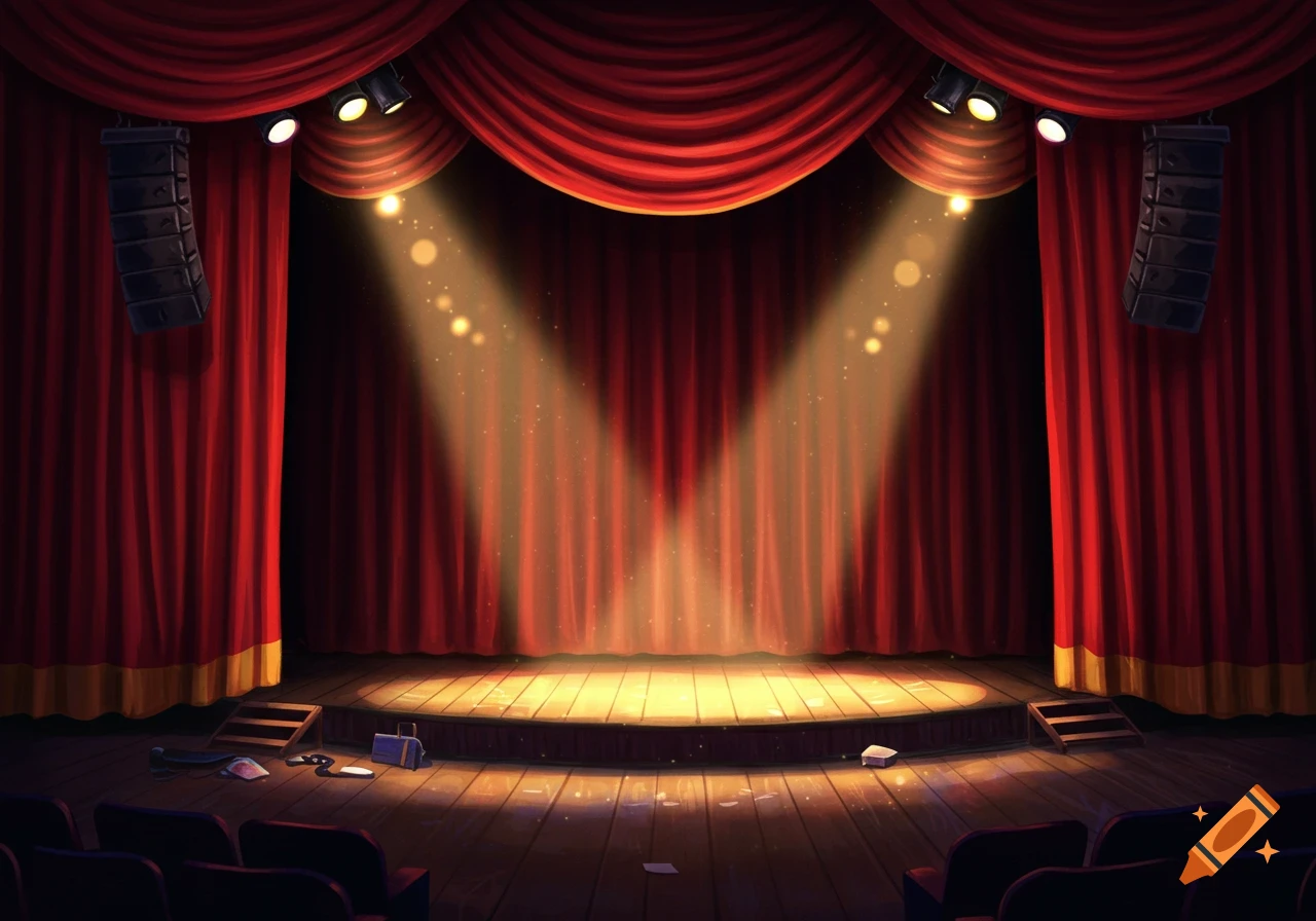 An empty theater stage is lit by spotlights, with red curtains drawn ...