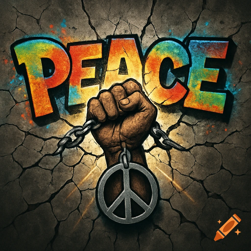 Graffiti text 'PEACE' above a fist breaking chains while holding a ...