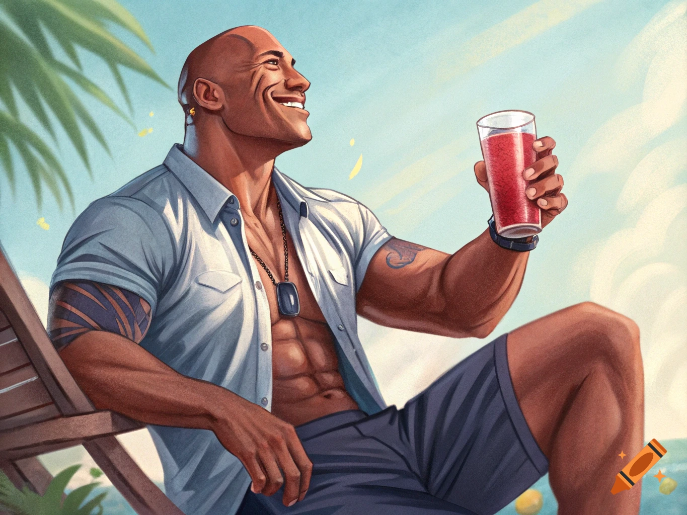 Illustration of Dwayne Johnson sitting in a beach chair holding a glass ...