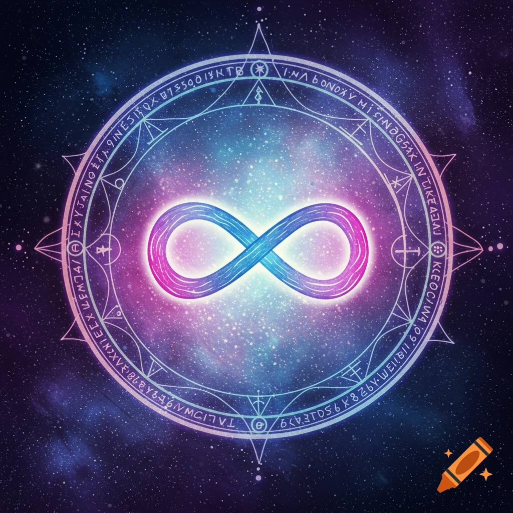 Glowing infinity symbol within a magic circle set against a starry ...