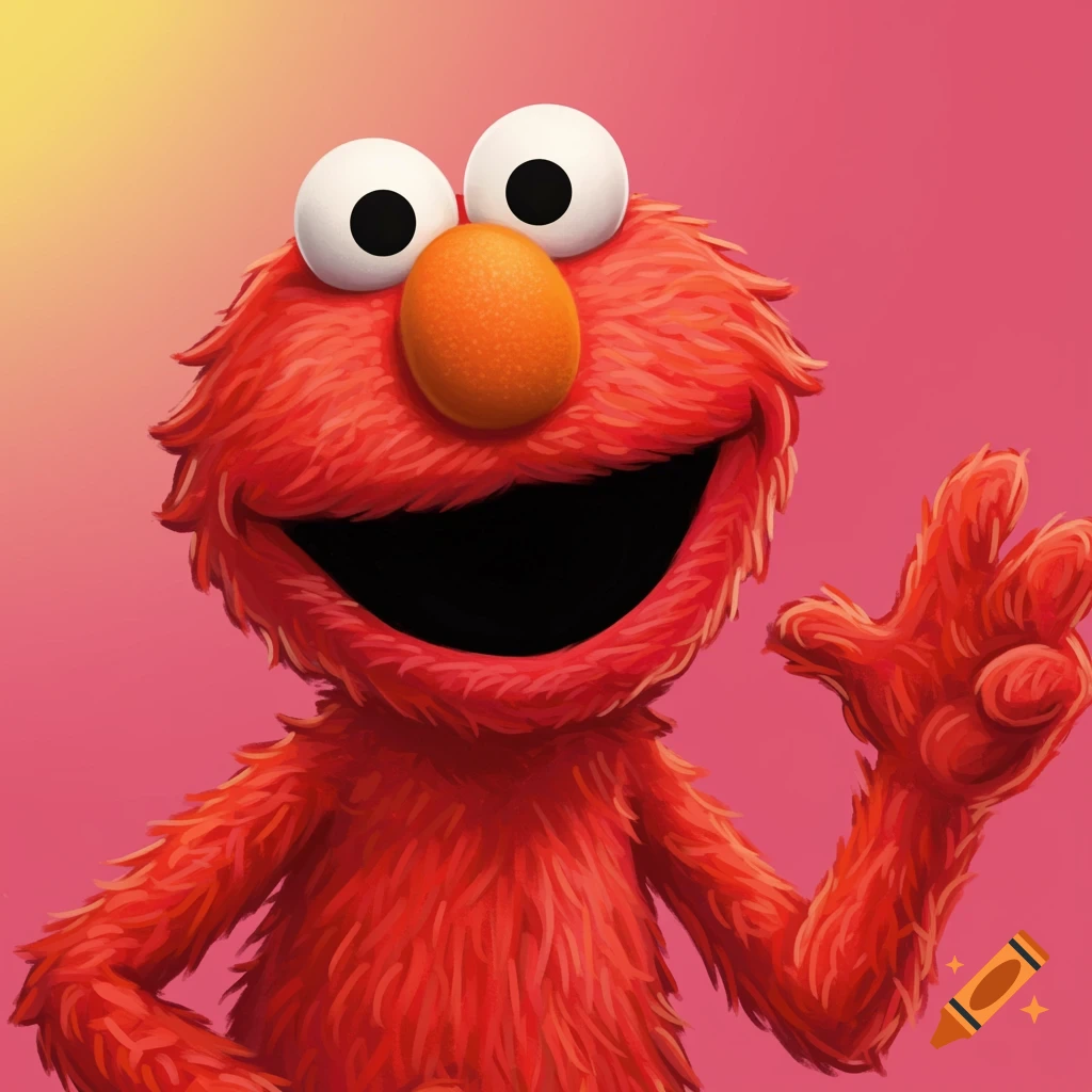 Close-up portrait of Elmo smiling and waving, textured style on Craiyon