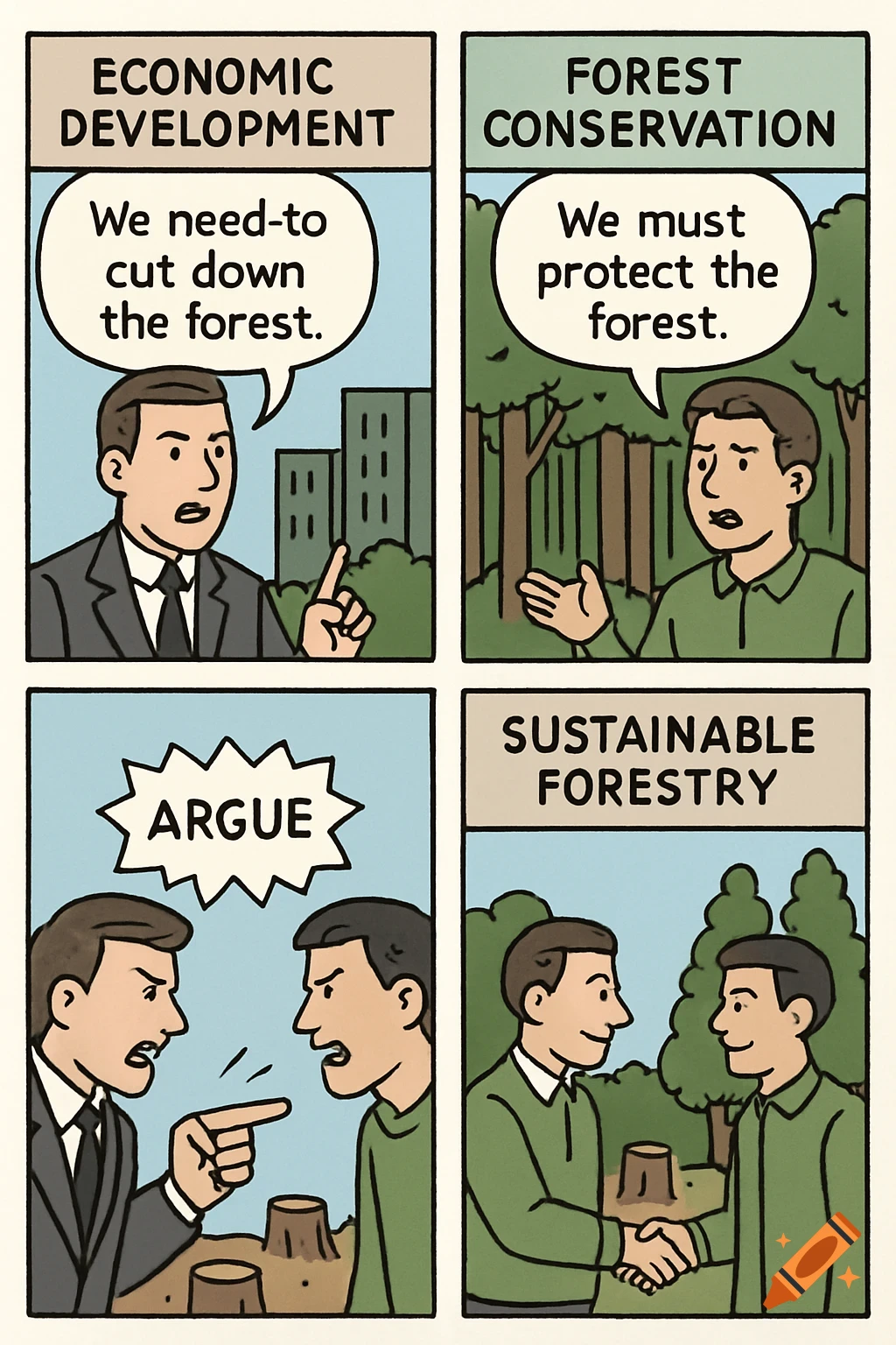 A four-panel comic strip shows a conflict between economic development ...