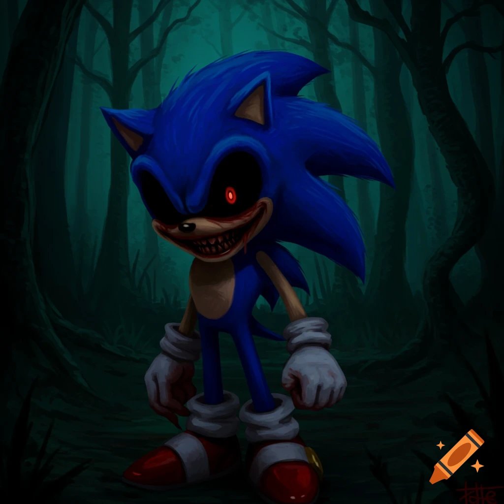 Horror version of Sonic the Hedgehog standing in a dark forest. on Craiyon
