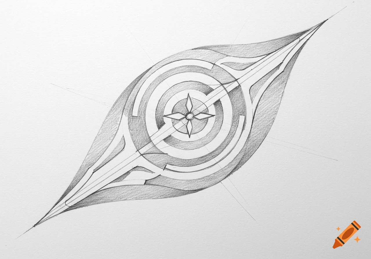 Pencil sketch of a symmetrical eye-shaped symbol with concentric ...