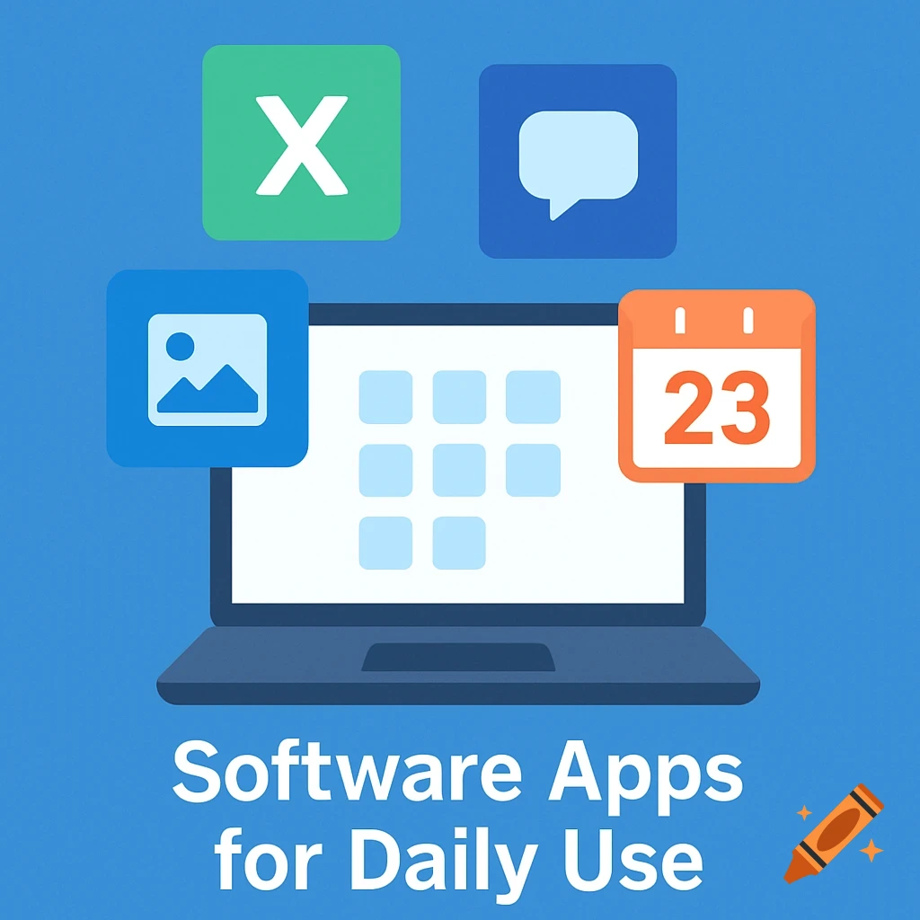 Flat illustration of a laptop surrounded by software app icons and the ...