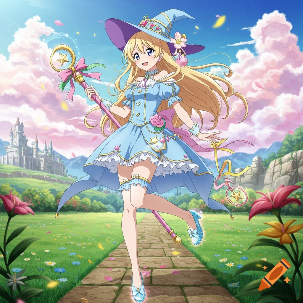 An anime girl dressed as a magical princess walks on a path in a ...